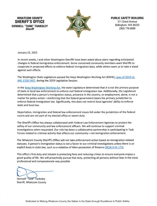 Whatcom County Sheriff Tanksley responds to immigration executive ...